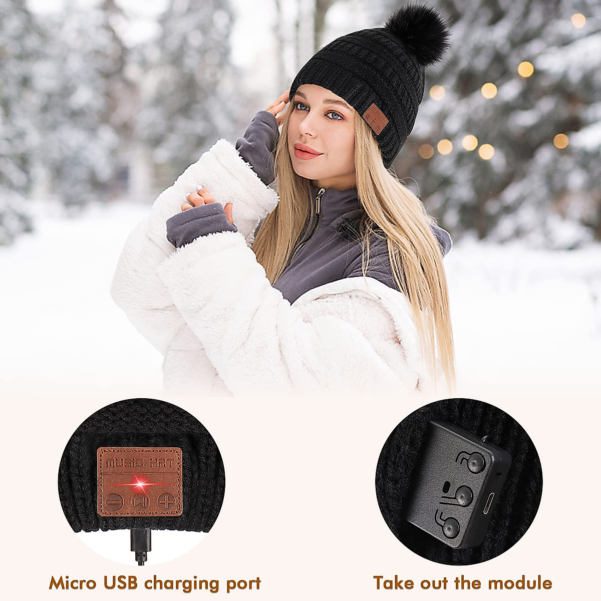 Deegotech Bluetooth Beanie for Women, Unique Tech Gifts for Teen Girls, Music Hat with Wireless Headphones, Pom Pom Knit Winter Hat for Mom Wife Girls-Black Beanie