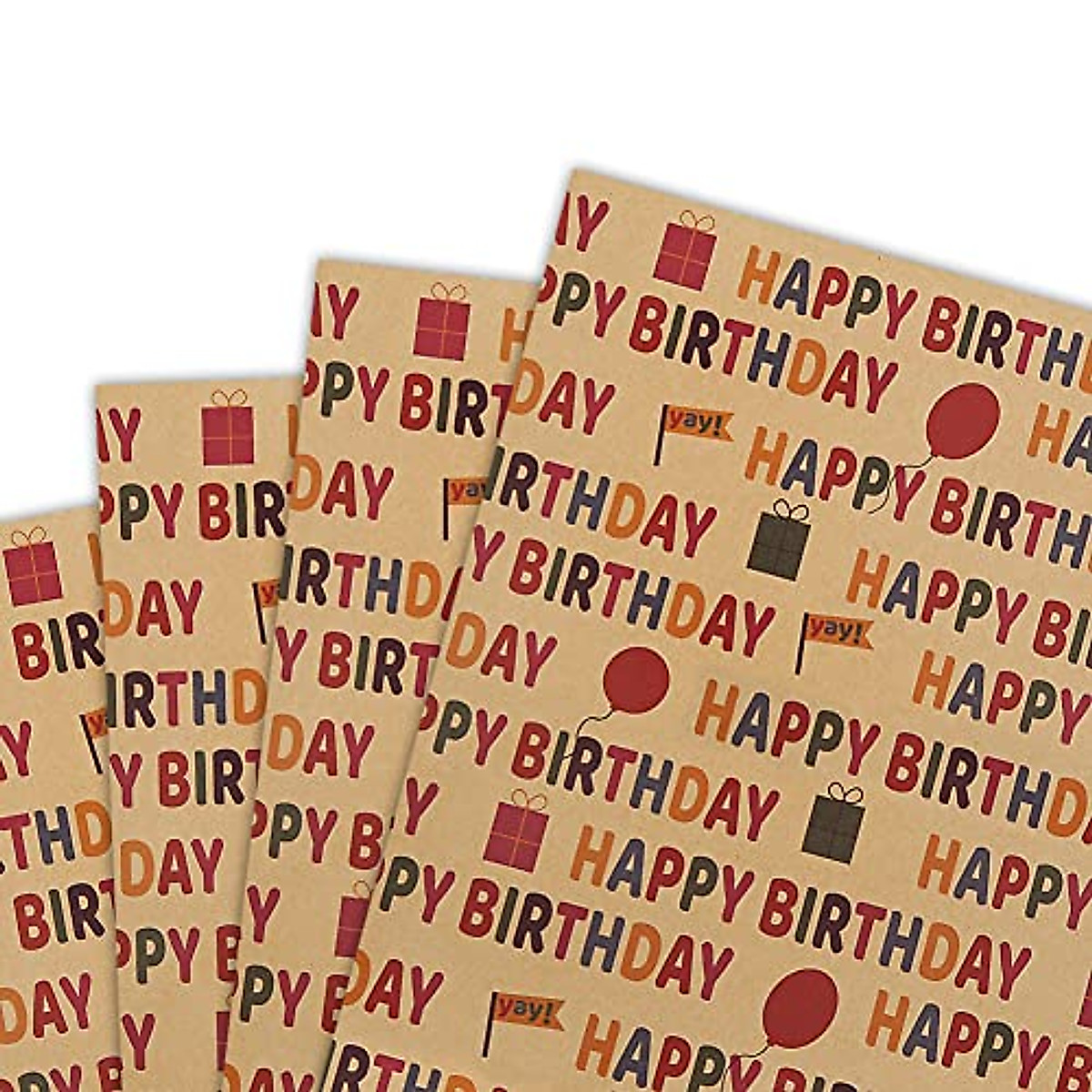 Geluode Birthday Wrapping Paper,4 Sheets Happy Birthday Gift Wrap, Brown Kraft Gift Wrapping Paper 20x28 Inches For Boys Girls Kids Birthday Baby Shower Wedding