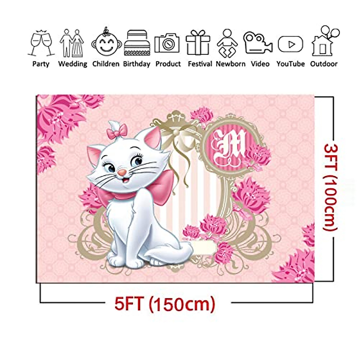 Cartoon Aristocats Marie Cat Party Theme Photography Backdrops 5x3ft Children Kids Princess Girl Birthday Party Photo Pink Flowers Backdrops Newborn Baby Shower Portrait Shoot Props