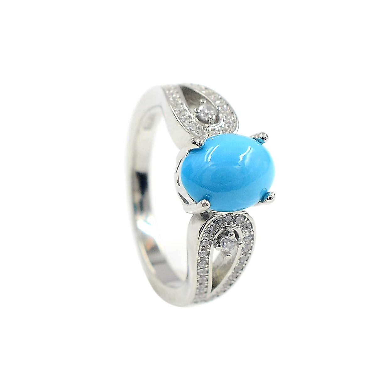 9X7 MM Oval Cut Natural Sleeping Beauty Turquoise Gemstone 925 Sterling Silver December Birthstone Solitaire Unisex Proposal Ring For Wedding Gift (Rhodium Plated Silver, 6)