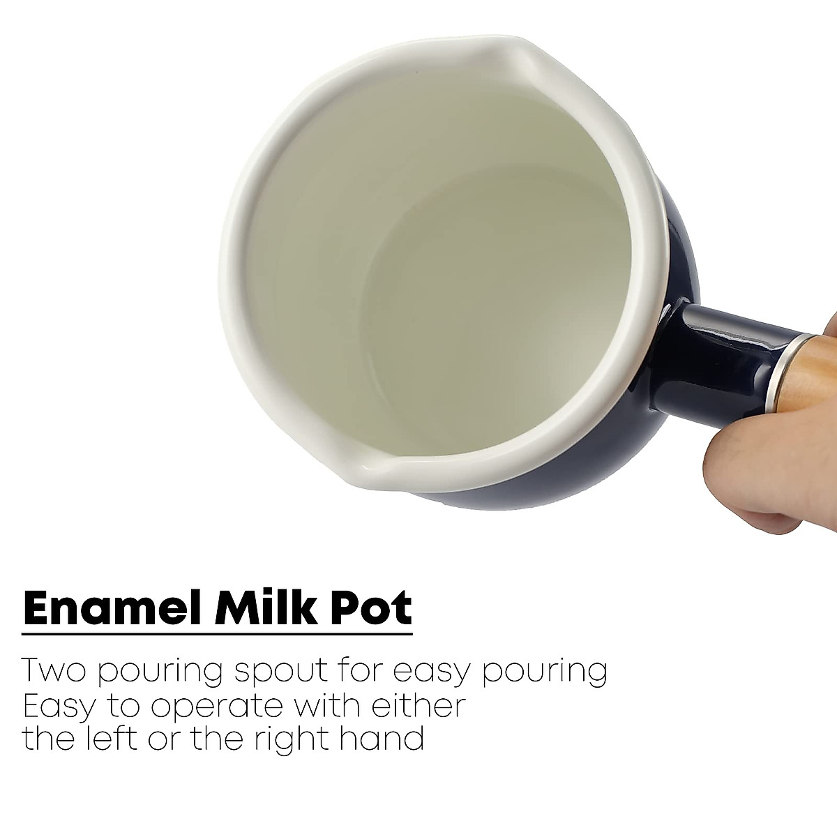 FARCADY 0.6qt Mini Enamel Milk Pot Insulated Wooden Handle 2 Pour Spouts Small Food Warmer Cute Saucepan(D015,Blue) …