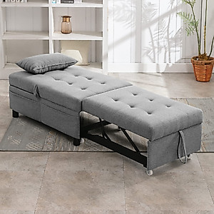 Mjkone 4-in-1 Sleeper Chair with Adjustable Backrest with Free Pillow, Pull Out Sofa Couch Bed with Memory Foam for Compact Living Room (No Assemble Need,Light Grey)