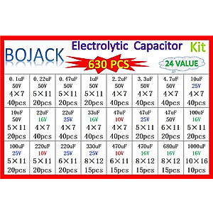 BOJACK 24Value 630pcs Aluminum Electrolytic Capacitor Assortment Box Kit Range 0.1uF－1000uF