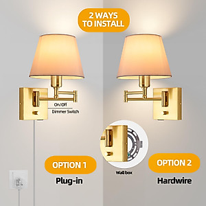 Affsure Bedside Wall Mount Light with Dimmable Switch, Swing Arm Fabric Shade Wall Sconce Light with USB Port and Plug in Cord, Gold Wall Lamp for Bedroom, Living Room and Hotel