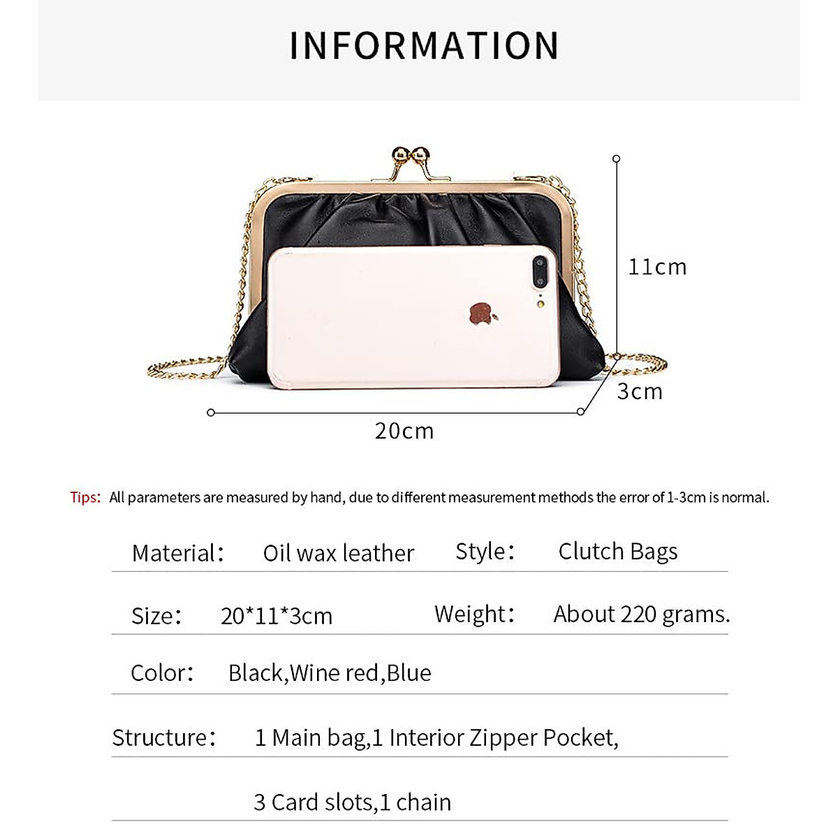 Vintage Genuine Leather Women Clip Bag Kiss Lock Clutch Purse Chain Crossbody Bags Small Evening Bags (Wine Red)