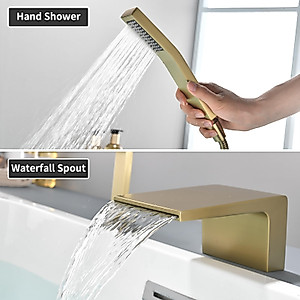 Waterfall Roman Tub Faucet with Hand Shower Deck Mount Bathtub Faucet with Hand Shower Widespread Bathtub Faucets Set Bathtub Shower Faucet Set Brushed Gold - 1725BG