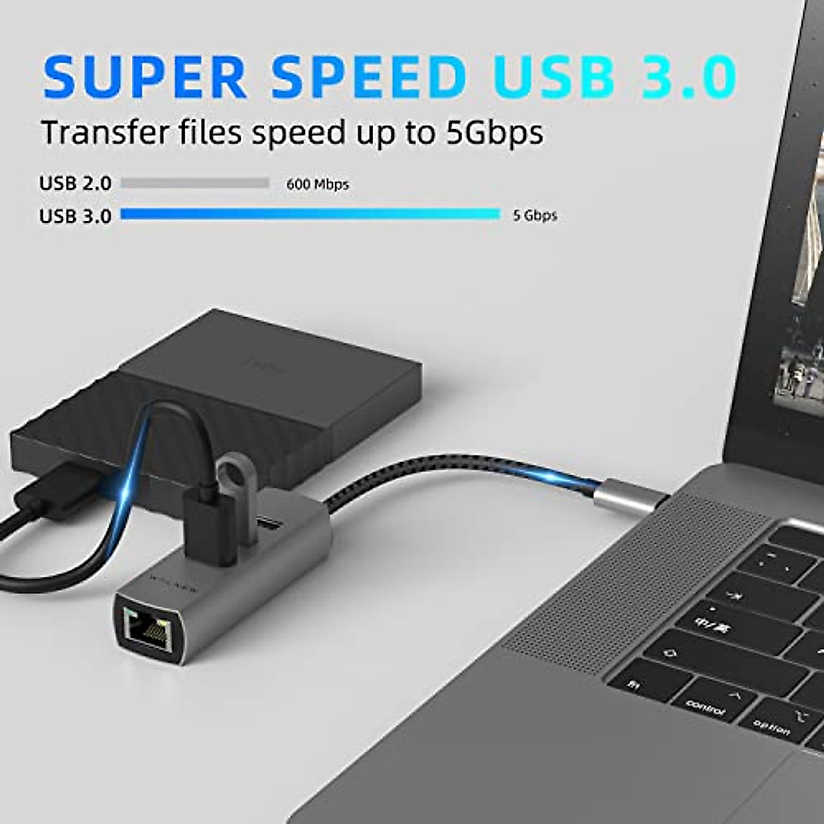 USB C to Ethernet Adapter, WALNEW 4-in-1 USB-C to USB 3.0 Hub with Gigabit Ethernet Adapter,Thunderbolt 3 to Gigabit Ethernet LAN Network Adapter for MacBook Pro/Air, iPad Pro, Dell XPS and More