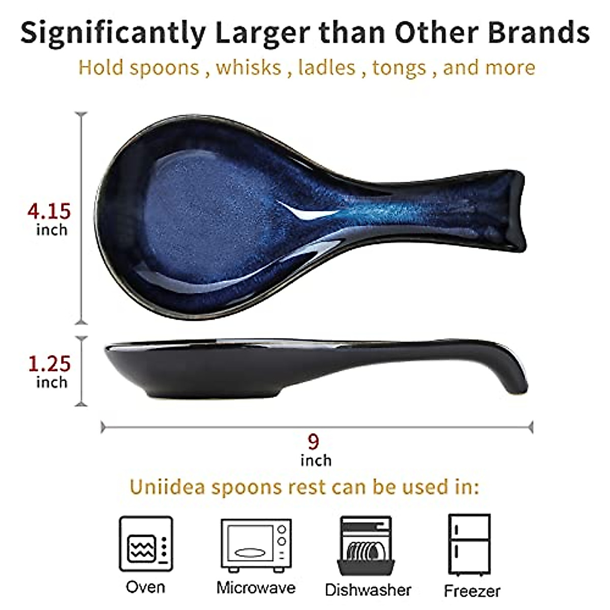 uniidea Ceramic Spoon Rest for Stove Top, Porcelain Spoon Holder, Large Spoon Rest for Kitchen Counter Stove Top, Spoon Rest Blue, Set of 2