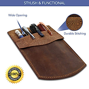 WANDERINGS Genuine Leather Pocket Protector - 3.5" x 6.25" - Handmade Leather Pen and Pencil Pocket Pouch Organizer for Office and Home