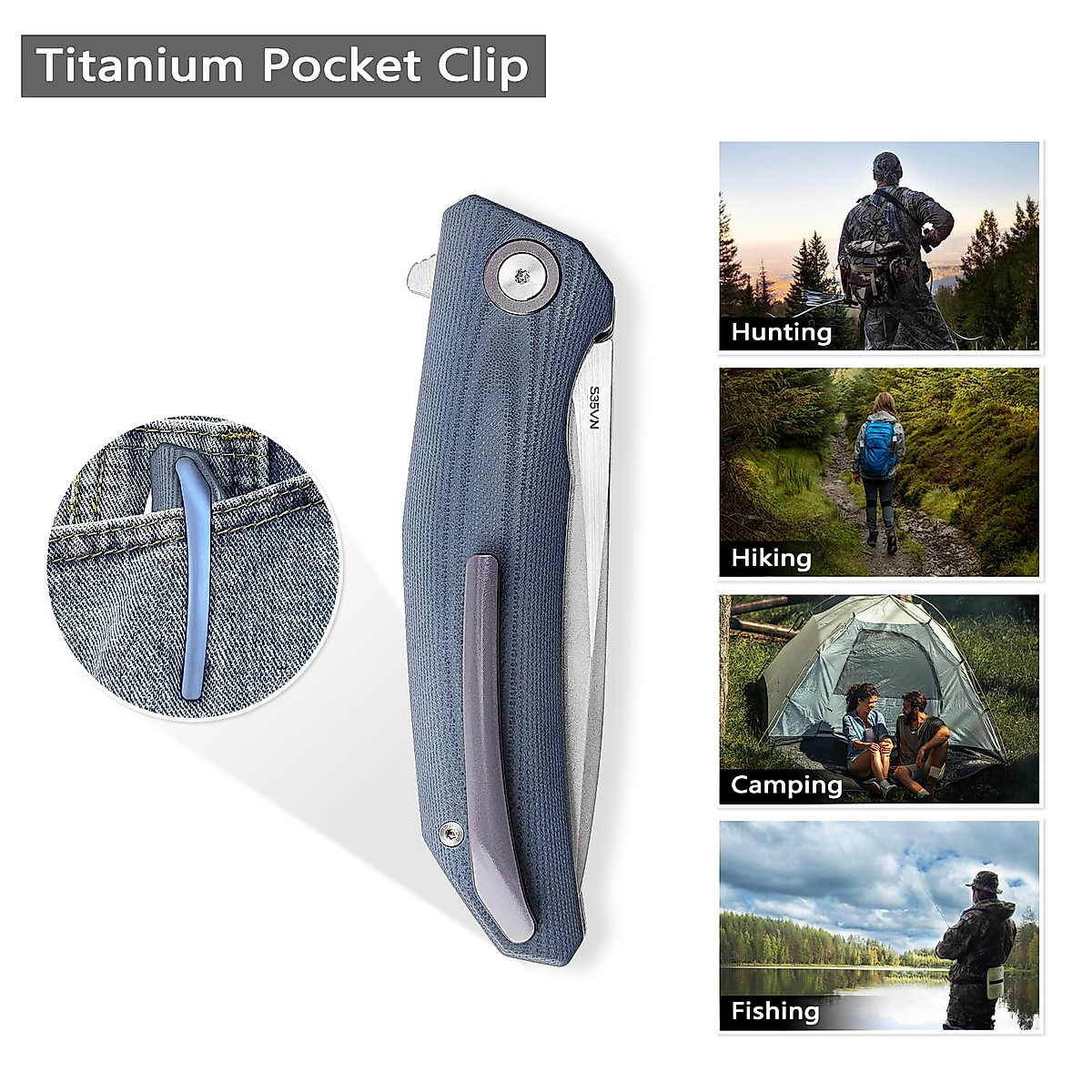 TRIVISA Folding Pocket Knife for Men Tactical,3.7in CPM S35VN Powder Steel Blade,Titanium Ring and Clip G10 Liner Lock Handle,Camping Hunting Outdoor EDC Knives,Phoenix-03G