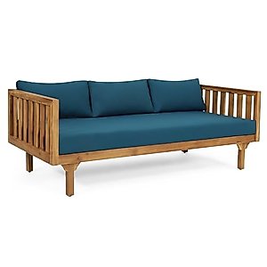 Merax Outdoor 3 Seater Daybed, Acacia Wood Day Bed Couch Sofa with Cushions for Patio Backyard, Garden, Blue