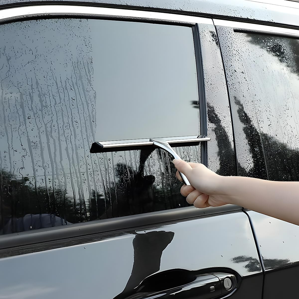 BESULEN Stainless Steel Shower Squeegee for Car Windows, Glass Water Wiper with Hook or Sucker, Glass Window Cleaner Tool, Bathroom Shower Door Household Mirror Blade for Home Cleaning (Wiper+Hook)