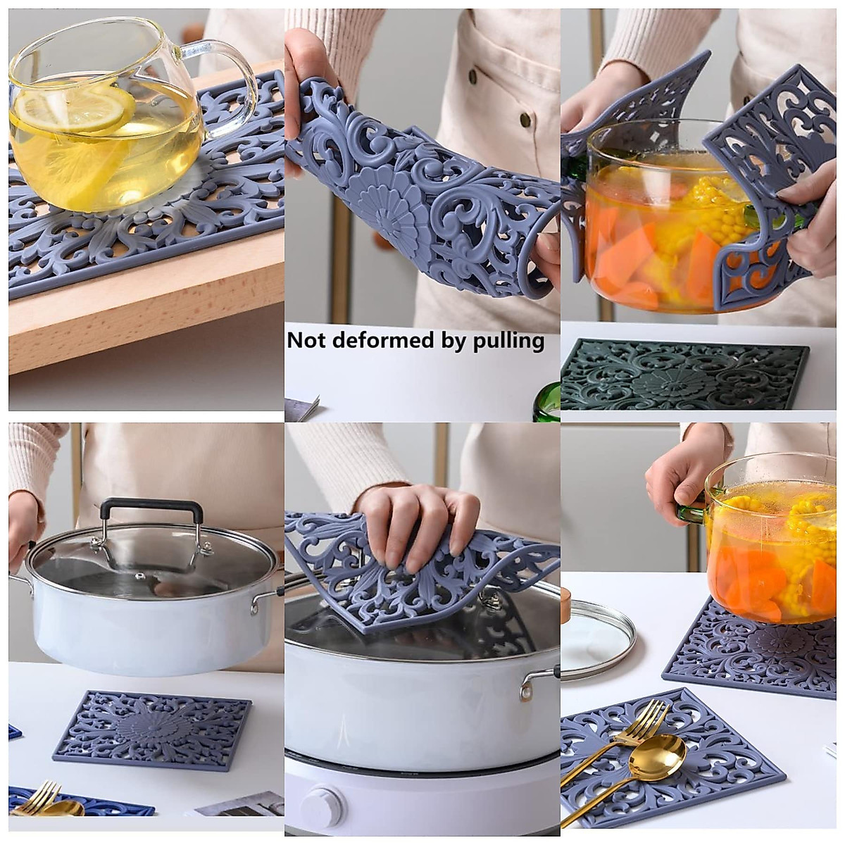 Smithcraft Silicone Trivets for Hot Dishes, Square Silicone Trivets for Hot Pots and Pans, Hot Pads for Kitchen Counter, Multi Function Trivet Mat for Table, Flexible Silicone Pot Holders Set 3 Blue