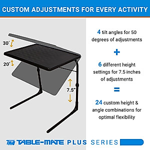 Table-Mate XL Plus Adjustable TV Table - Folding Couch Trays for Eating Snack Food, Stowaway Laptop Stand, Portable Bed Dinner Tray with 4 Set Angles, Black