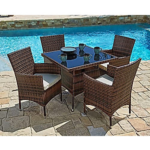 SUNCROWN 5 Piece Outdoor Dining Set All-Weather Wicker Patio Dining Table and Chairs with Cushions, Square Tempered Glass Tabletop with Umbrella Cutout for Patio Backyard Porch Garden Poolside