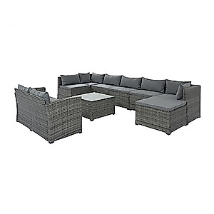 KASUE Outdoor PE Wicker Sofa 9-Piece Set - Perfect for Outdoor Spaces, Gardens, and Poolside, Gray Wicker, Gray Cushion