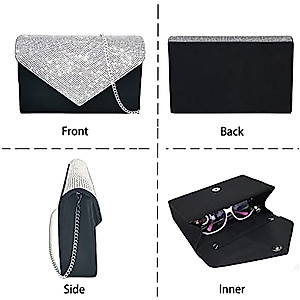 JUBOO PARADISE Black Evening Purses for Women Wedding Prom Party, Silver Rhinestone Faux Suede Crossbody Shoulder Formal Bride Envelop Evening Clutch Bag Handbag