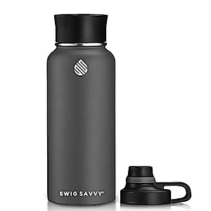 Swig Savvy Sports Water Bottle, Vacuum Insulated Stainless steel, Double Wall, Wide Mouth 2 Leakproof Lid, Travel Thermos - 30oz (Black)
