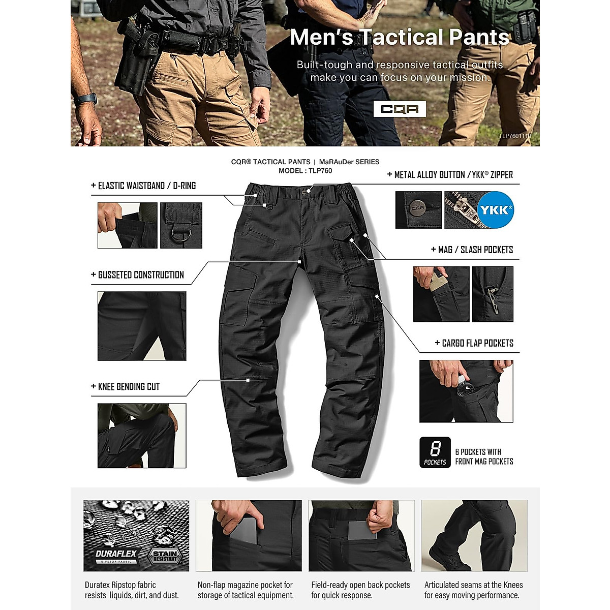 CQR Men's Flex Ripstop Tactical Cargo Pants, Water Resistant Stretch, Lightweight EDC Hiking Work Pants, Dura Flex Mag Pocket, Black, 38W x 30L