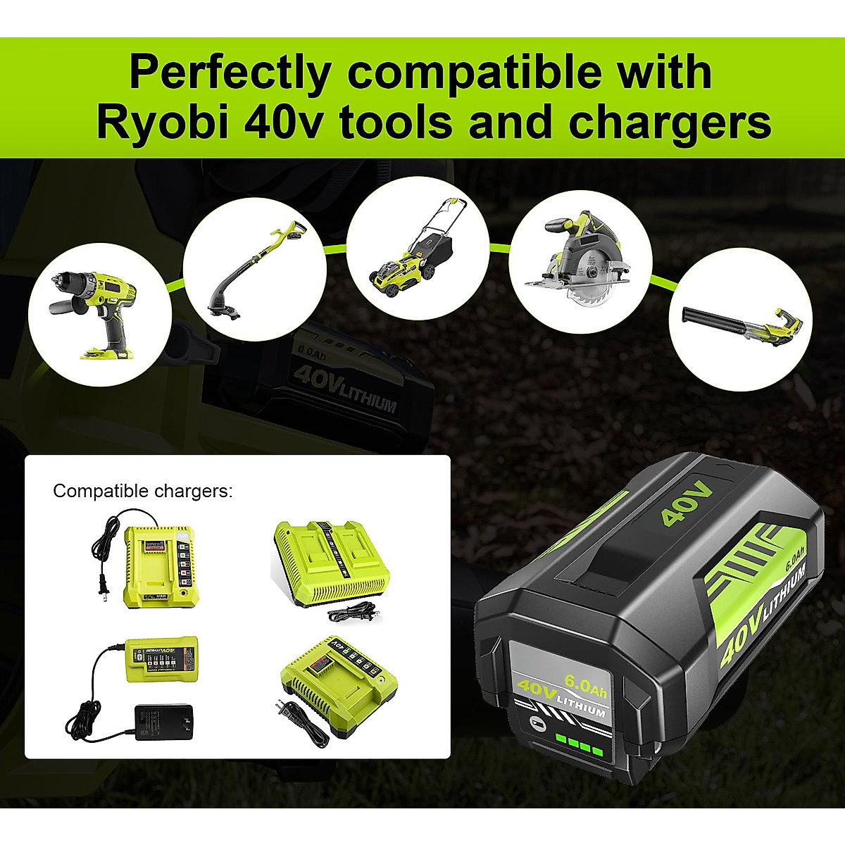 Replacement for Ryobi 40V Battery 6.0Ah Compatible with Ryobi 40 Volt Battery OP4040 OP40401 OP4026 OP40261 OP4050 OP40201 OP40601 Compatible with Ryobi Battery 40V Cordless Power Tools 2-Pack