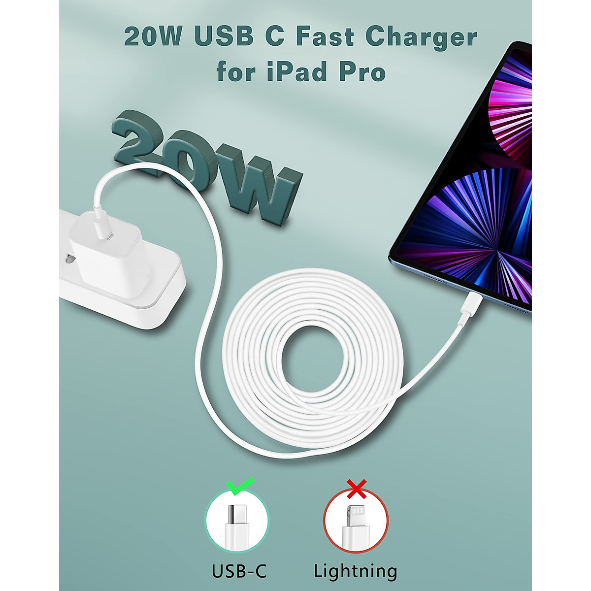 [Apple MFi Certified] 20W USB C Fast Charger for iPad Air 5th 4th 10.9, Pro 12.9/11 inch 2021/2020/2018, Mini 6 Generation, TIKALONG PD Wall Block + 6FT to Charging Cable, white