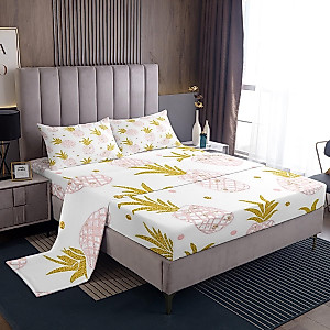 Feelyou Pineapple Sheet Set for Girls Kids Cute Pink Tropical Fruit Bedding Set Room Decorative Golden Polka Dots Bed Sheets Pineapple White Bed Sheet Set Twin Size 3Pcs Bed Set