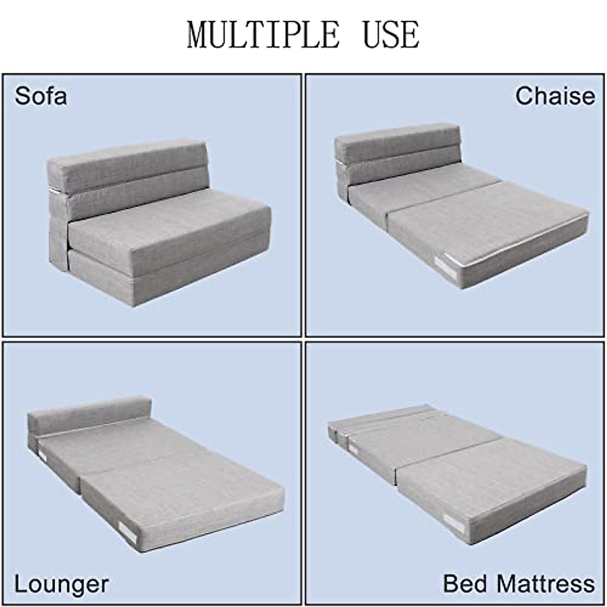 ANONER 60" Folding Sleeper Chair Sofa Bed Lazy Couch with 2 Pillows, Queen Size Memory Foam Washable Cover, Light Gray