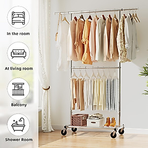 Simple Trending Standard Clothing Garment Rack, Rolling Clothes Organizer with Wheels and Bottom Shelves, Extendable, Chrome