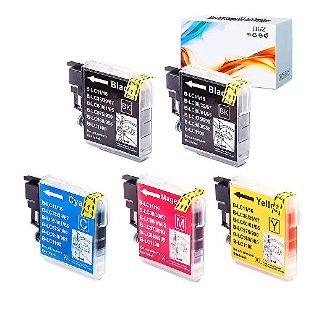 HGZ 5 Pack Compatible Ink Cartridge Replacement for Brother LC-11 LC-16 LC-38 LC-61 LC-65 DCP-585CW DCP-595CN DCP-J715W DCP-6690CN DCP-6690CW Inkjet Printer (2 Black,1 Cyan,1 Magenta,1 Yellow)