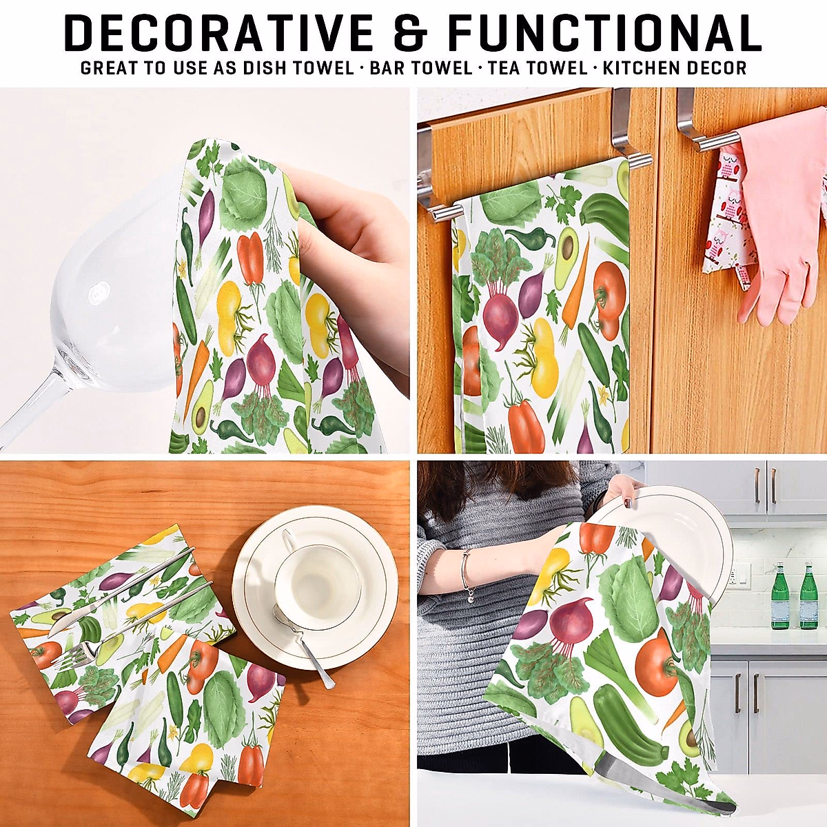 JSTEL Vegetable Kitchen Towels Set of 4,Quick Dry Dish Drying Towels Rectangle 18x28 inch Microfiber Kitchen Hand Towels Vegetable Pattern