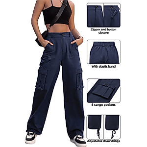 ZMPSIISA Women High Waisted Cargo Pants Wide Leg Casual Pants 6 Pockets Combat Military Trousers(Navy,Medium)