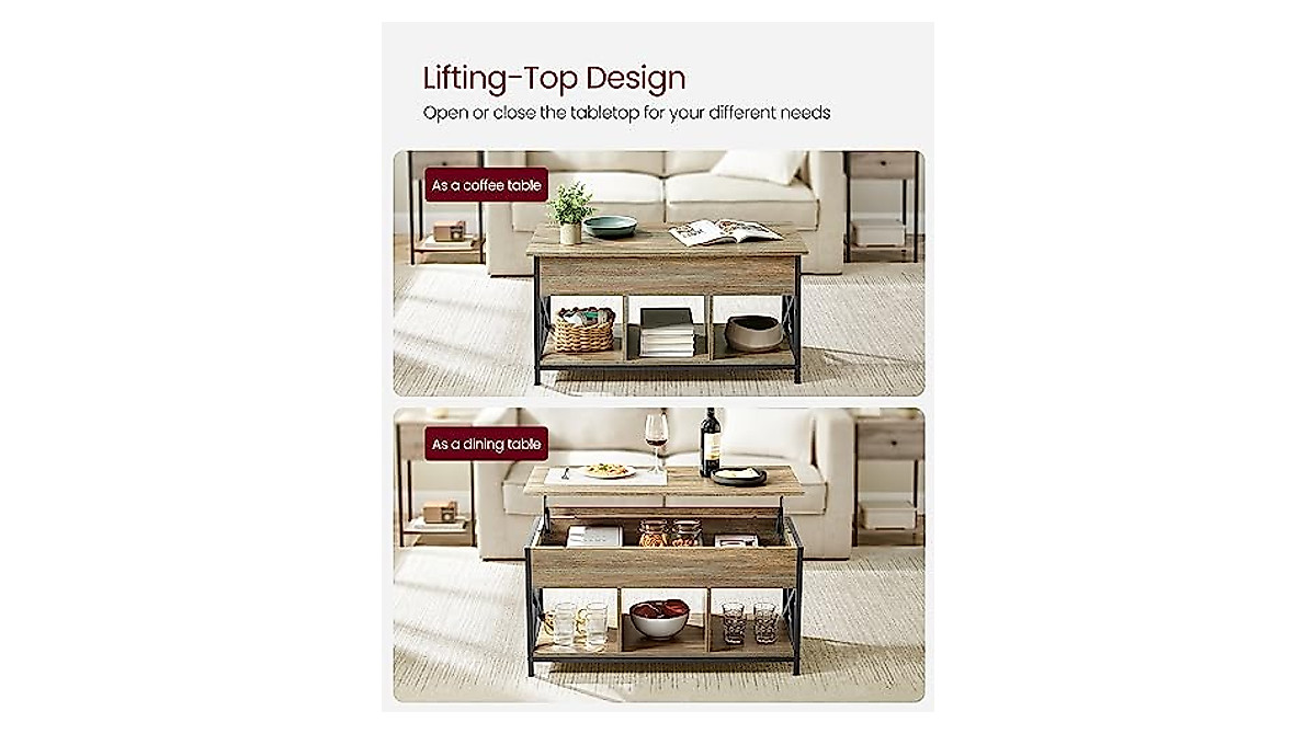 VASAGLE Lift Top Coffee Table with Storage - Industrial Style