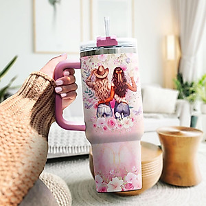 99OWL Tumbler 40 Oz With Handle Lid And Straw, Bestie No Matter Floral, Coffee From For Modern Handle Cups Women Funny Simple Butterfly Stainless Tumblers Rose