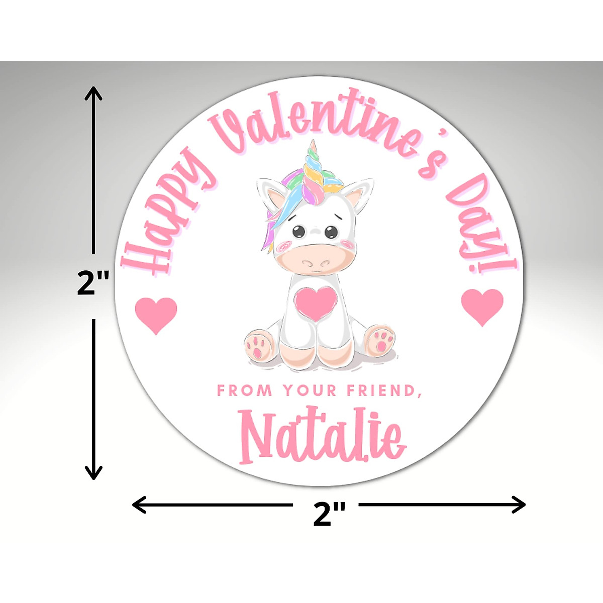Personalized Unicorn Valentine's Day Stickers for Kids Class Party Favors, Custom Gift Bag Labels for Girls, 2-inch, 20-Count