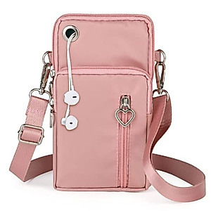 Small Crossbody Wallet Phone Bag, Nylon Cell Phone Purse, Travel Crossbody Bag Cell Phone Shoulder Bag Arm Bag Mini Wallet Purse, with Headphone Port (Pink)