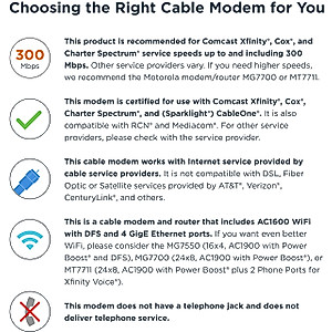 MOTOROLA MG7540 16x4 Cable Modem Plus AC1600 Dual Band Wi-Fi Gigabit Router with DFS, 686 Mbps Maximum DOCSIS 3.0 - Approved by Comcast Xfinity, Cox, Charter Spectrum, More