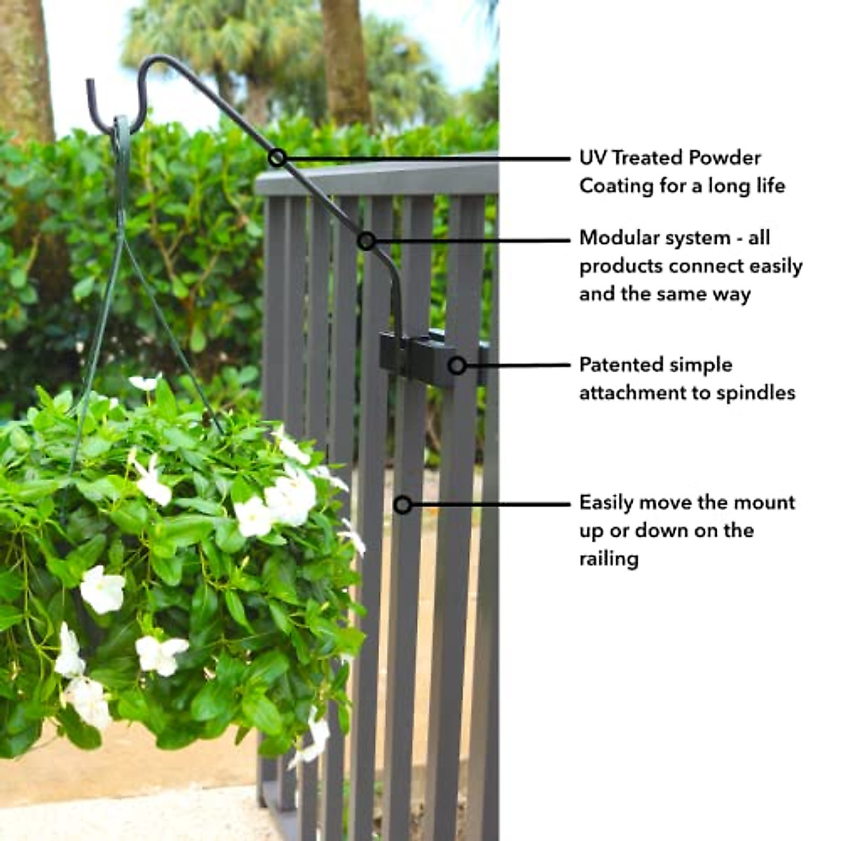 Hold It Mate Multi-Use Hook Kit Hang Flower Baskets Bird Feeders Chimes Lanterns on a Vertical Deck Railing, Balcony Porch or Fence 18 inches Long Holds up to 15lbs with Ease!