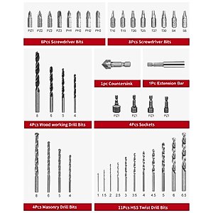 AVID POWER 41 PCS Drill Bit Set, Brad Point Drill Bits, High Speed Steel Twist Drill Bit and Screwdriver Bit Combo Kit for Metal, Wood and Masonry-RED