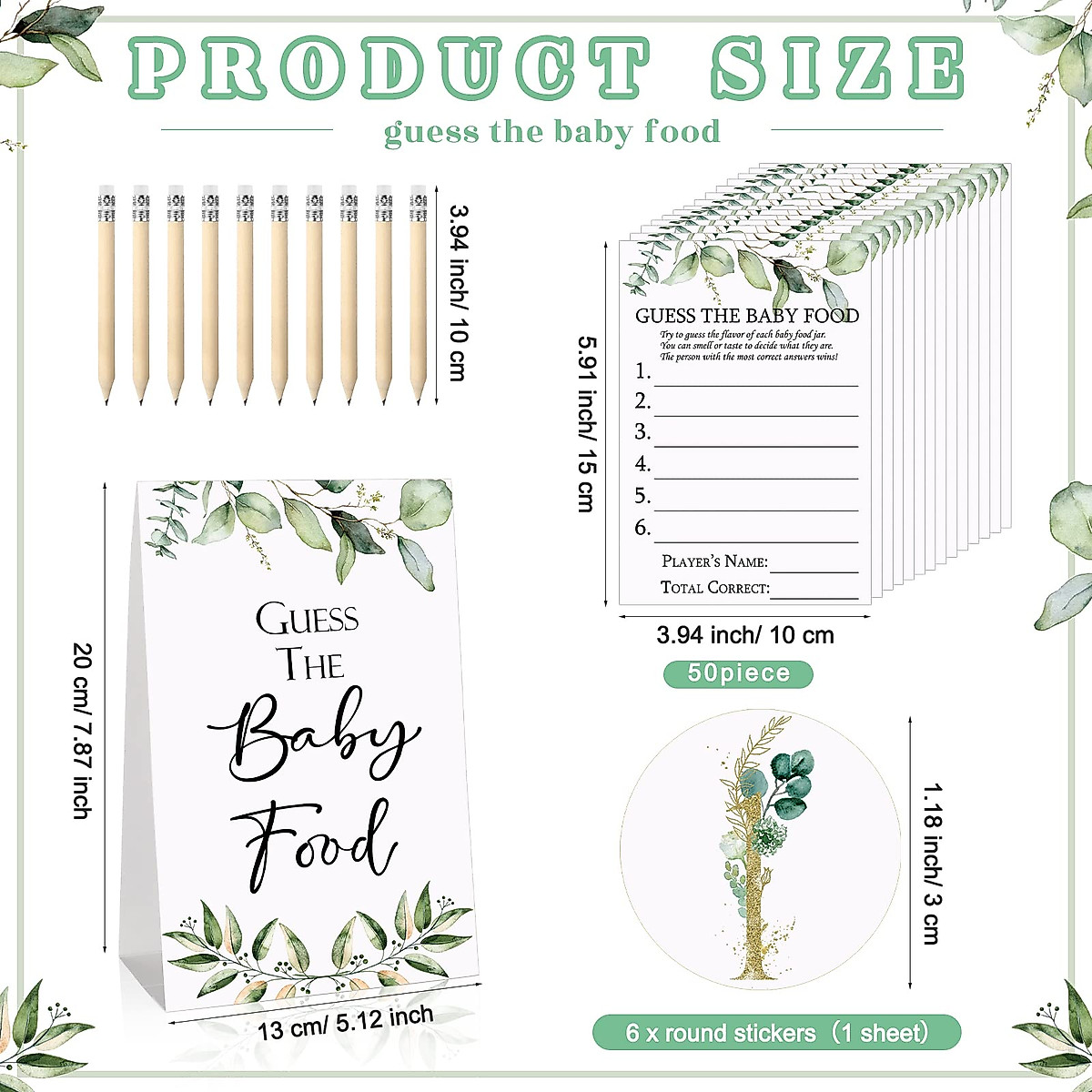 67 Pcs Guess the Baby Food Game Greenery Baby Shower Games Set 1 Standing Sign 50 Answer Cards 10 Pencils 6 Number Stickers for Gender Reveal Party Decoration Supplies