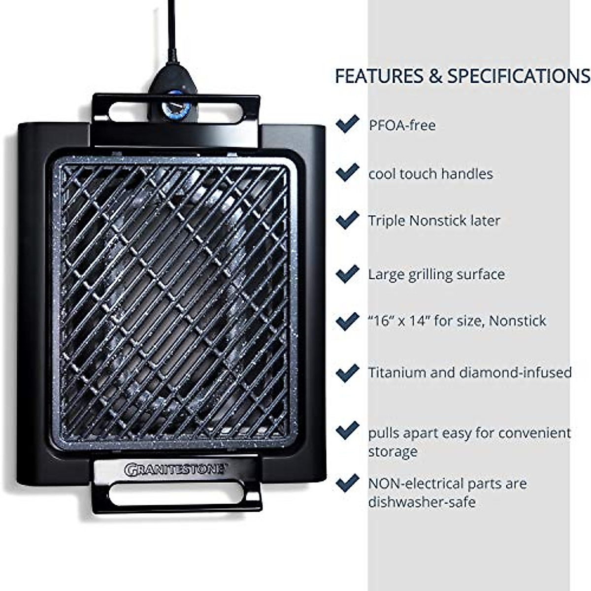 Granitestone Indoor Electric Smoke-Less Grill with Cool-touch handles and adjustable Temperature Dial, Nonstick, PFOA-Free, Black 16 x 14" As Seen On TV