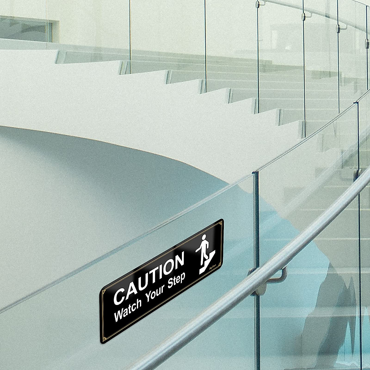 4 Pack Caution Watch Your Step Sign for floor, Acrylic with Symbols Self-adhesive for Home and Business Restaurants Offices 9"x3" Black Gold Easy to Mount Outdoor or Indoor Use Black