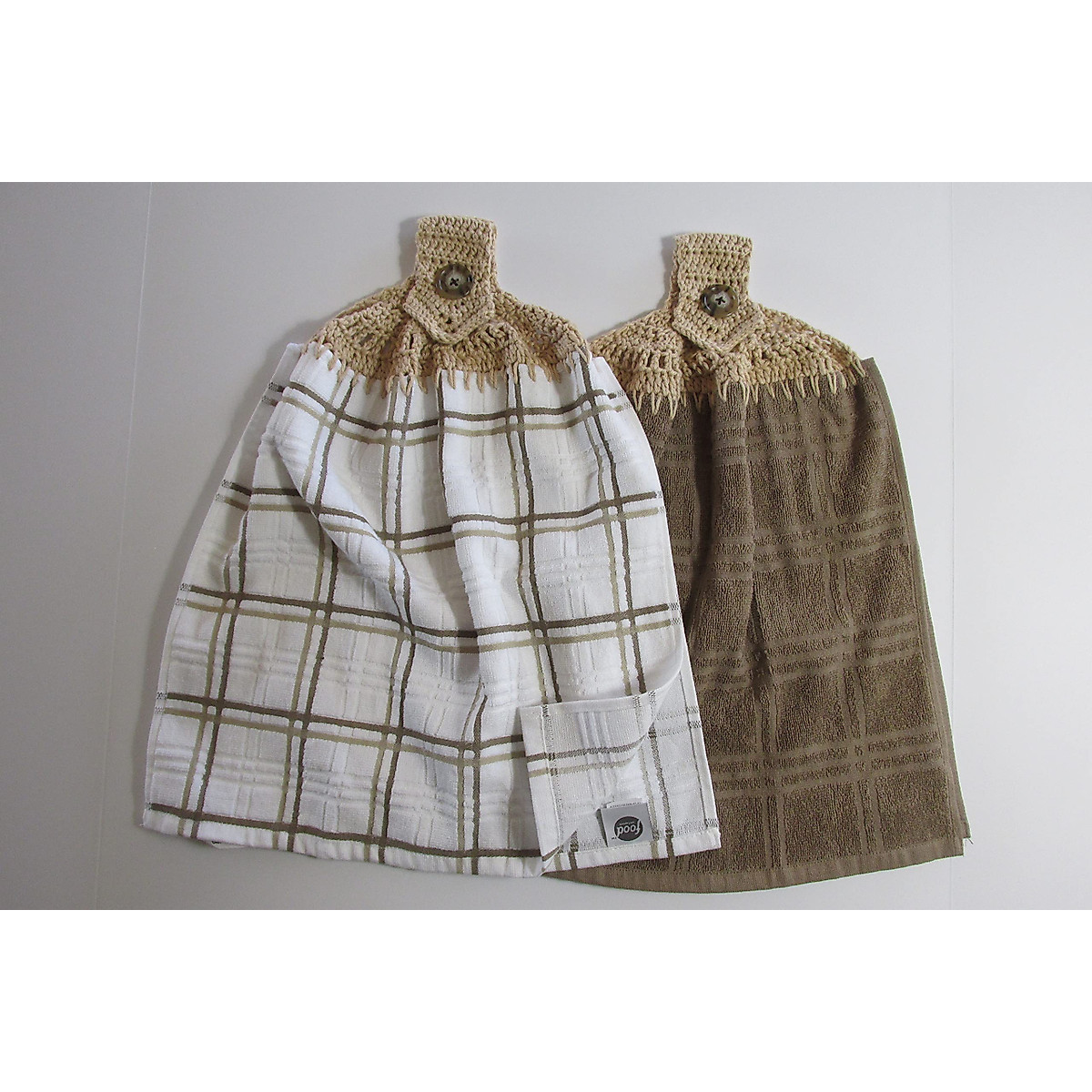 Set of 2 Tan Double Thickness Kitchen Towels - Hanging Towels - Light Brown & White Plaid Design with Cream Cotton Crochet Top - Moms Gift - Best Quality Towels