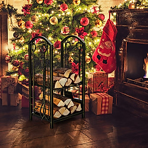 Tangkula Firewood Rack with 4 Fireplace Tools, Firewood Rack Bin Log Holder with Fire place Accessories Tools Set Includes Brush, Shovel, Poker, and Tongs(17.5 x 12 x 29 inches) (Bronze)