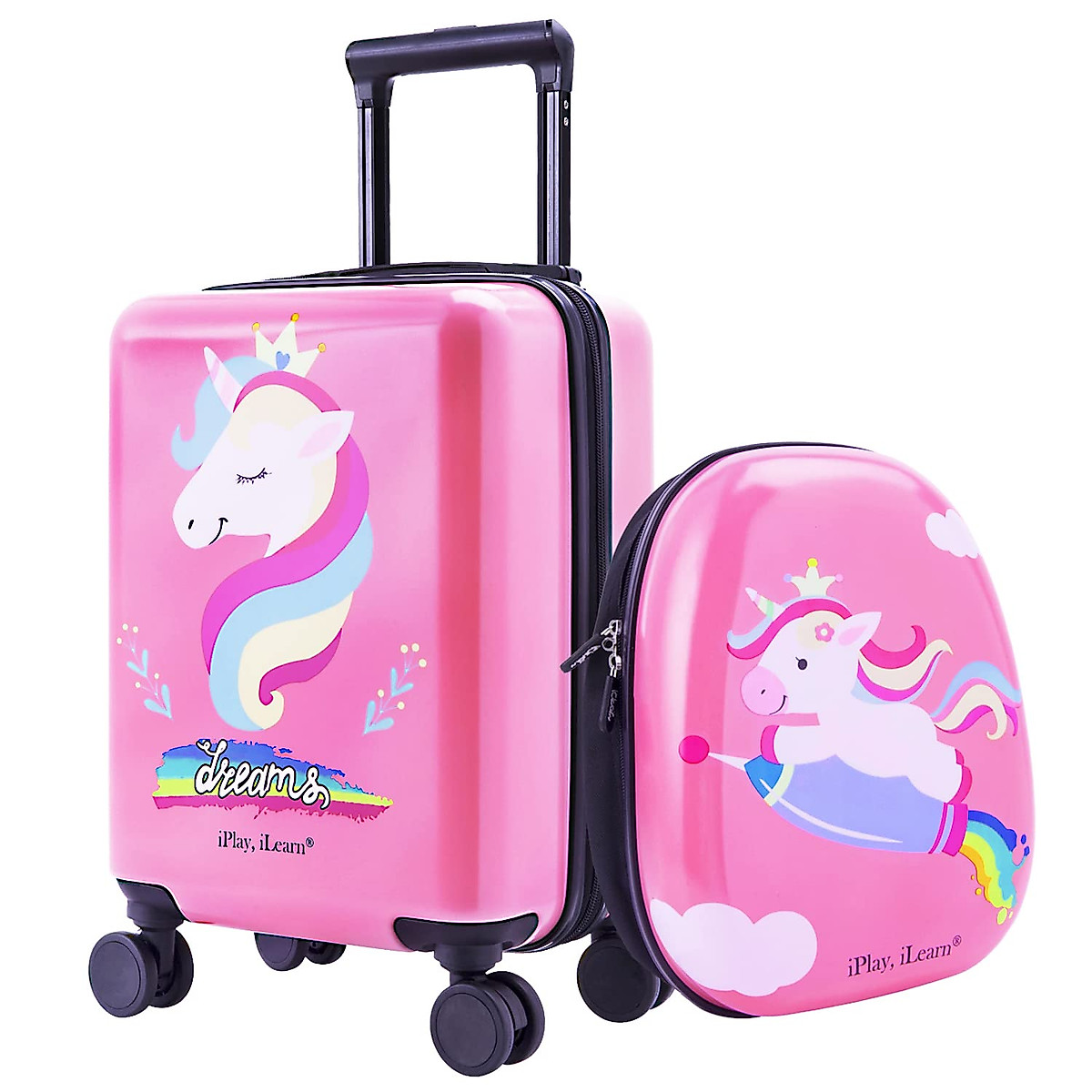 iPlay, iLearn Unicorn Kids Luggage, Girls Carry on Suitcase W/ 4 Spinner Wheels, Pink Travel Luggage Set W/ Backpack, Trolley Luggage for Children Toddlers