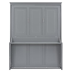 BOVZA Queen Murphy Bed with a Shelf, Space-Saving Wall Bed for Guest Room or Home Office, Gray