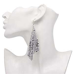 GIMEFIVE Gold Sequin Earrings Lightweight Metal Mesh Grid Tassel Drop Dangle Earrings Long Hook Earrings Women (Silver)