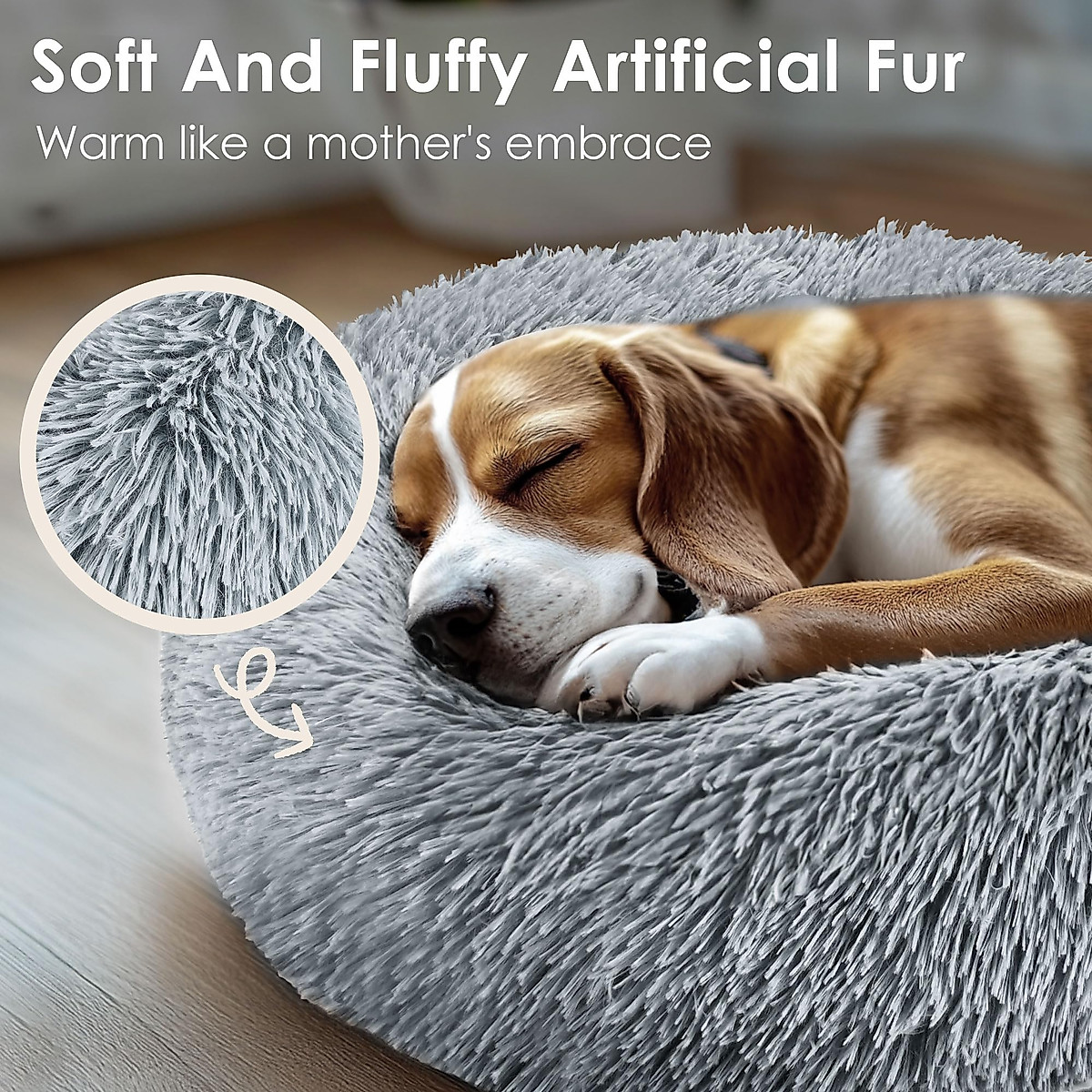 Hoewina Dog & Cat Bed, 20in Cat Beds for Indoor Cats, Calming Donut Bed for Puppy and Kitten, Washable Round Fluffy Pet Bed for Small Medium Dogs and Cats (Light Grey)