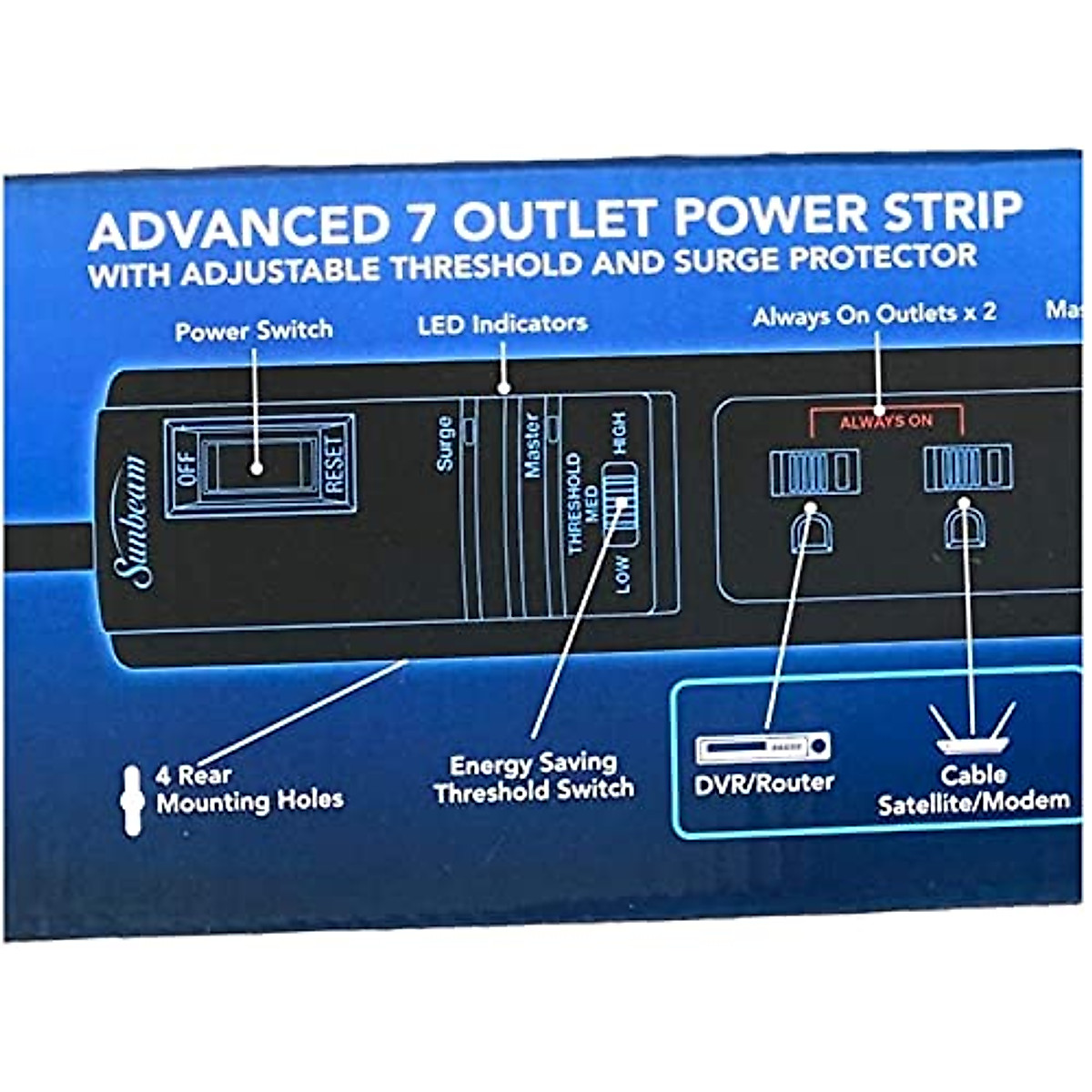 pot (Pack 5) Sunbeam Advance 7 Outlet Power Strip, 15A Power Strips with Surge Protection Cord, Power Outlet Extender with Adjustable Threshold