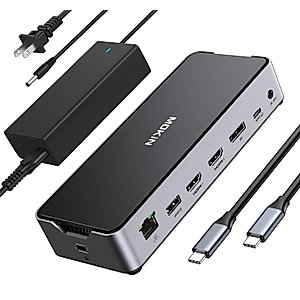 USB C Docking Station 3 Monitors Laptop USB C Dock Dual Monitor with 2 HDMI DisplayPort 4K144Hz,USB A 2.0/3.0,USB C 3.1 10Gbps&30W Output,Ethernet,MicroSD&SD,Audio&Mic,150W DC Power for Dell/Lenovo/HP