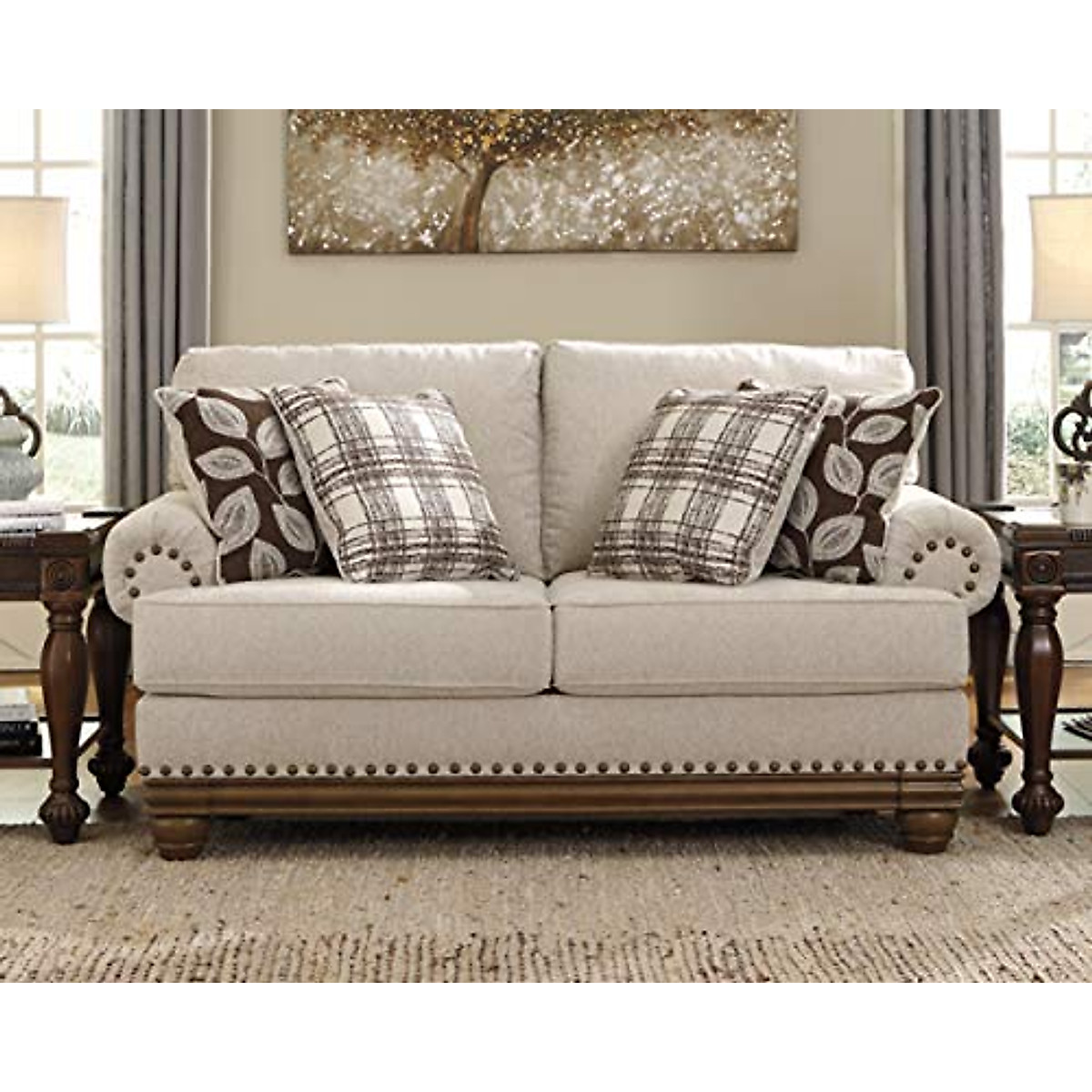 Signature Design by Ashley Harleson Modern Farmhouse Loveseat with Nailhead Trim and 4 Accent Pillows, Beige